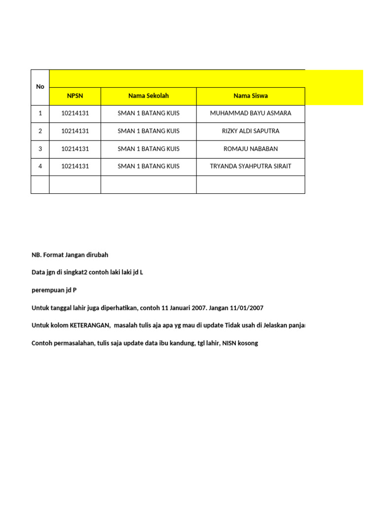 Format Perbaikan Data Siswa - Sman 1 Batang Kuis | PDF