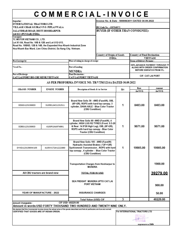 Vietnam Invoice 5000063011 | PDF | Tractor | Four Wheel Drive