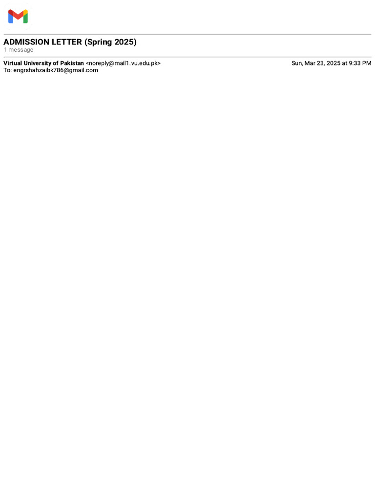 Gmail - ADMISSION LETTER (Spring 2025) For Arzoo | PDF