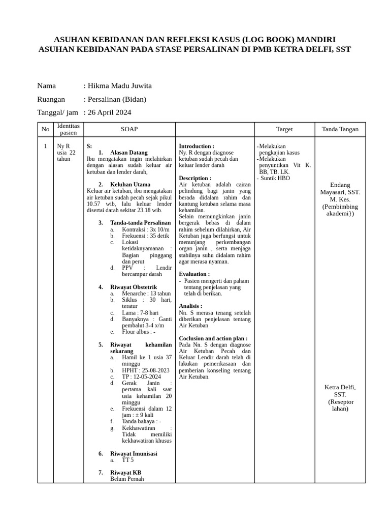 Logbook Stase Persalinan Hikma PMB Ketra Delfi | PDF