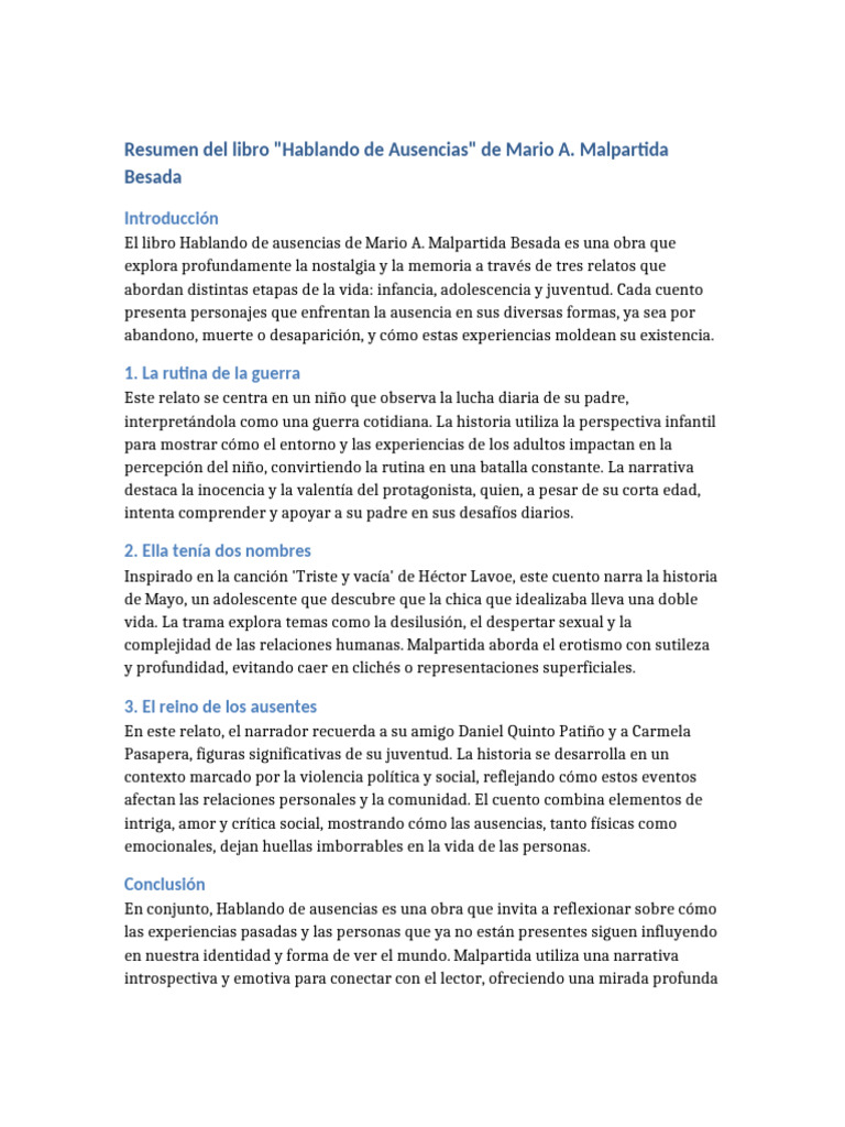 Resumen Hablando de Ausencias Mario Malpartida | PDF