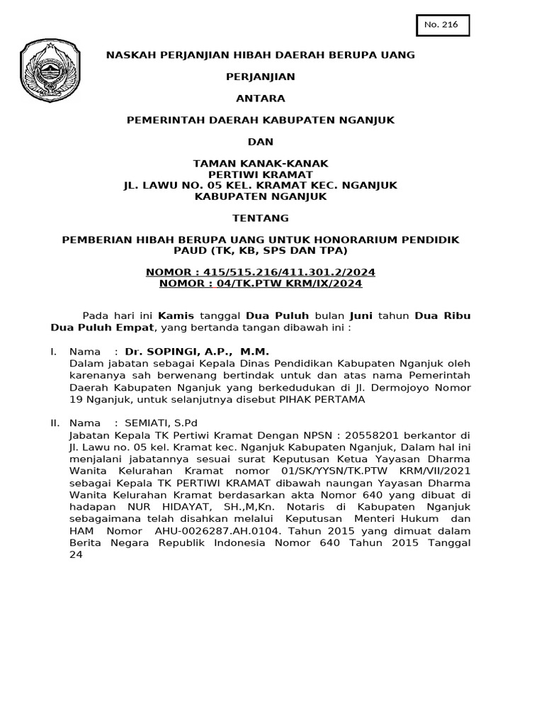 NPHD Honorarium Paud 2024 | PDF