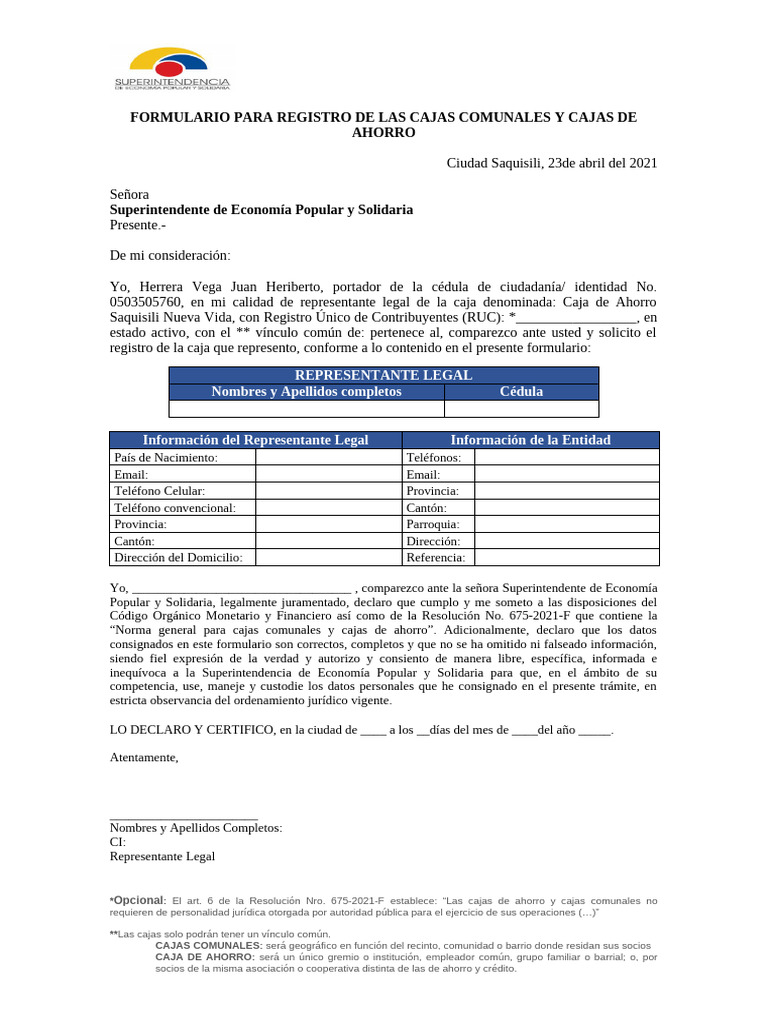Formulario para Registro de Cajas Comunales y Cajas de Ahorro | PDF