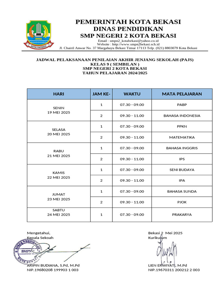 Jadwal Psaj Kelas 9 Tahun 2025 Revisi | PDF