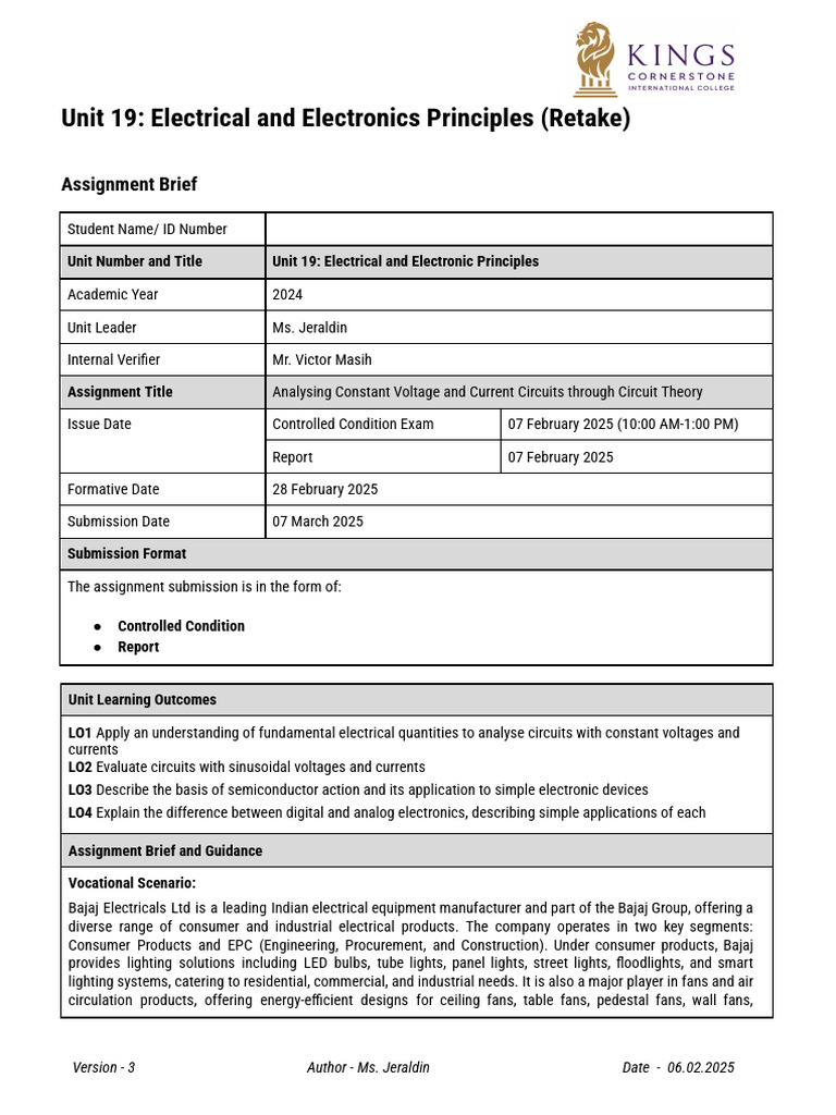 Unit 19 LO1 - LO4 Assignment Brief Retake | PDF | Electronic Circuits ...