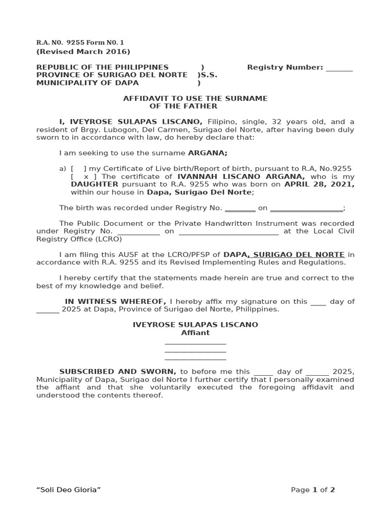 AFFIDAVIT TO USE THE SURNAME OF THE FATHER (LRC NEW FORM) - aRGANA ...