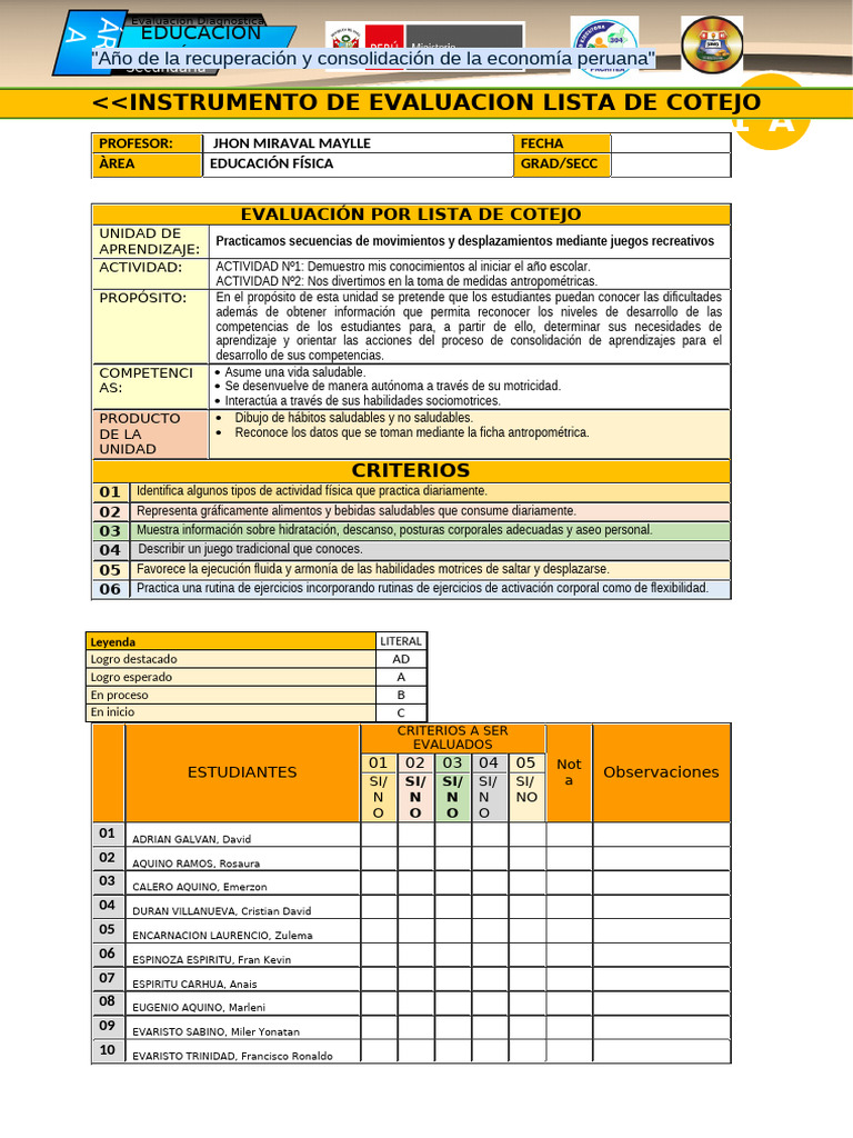 1ºa Lista de Cotejo Actv o Edu. Física | PDF