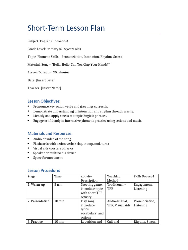 Short-Term Lesson Plan Phonics | PDF | Learning | Human Communication