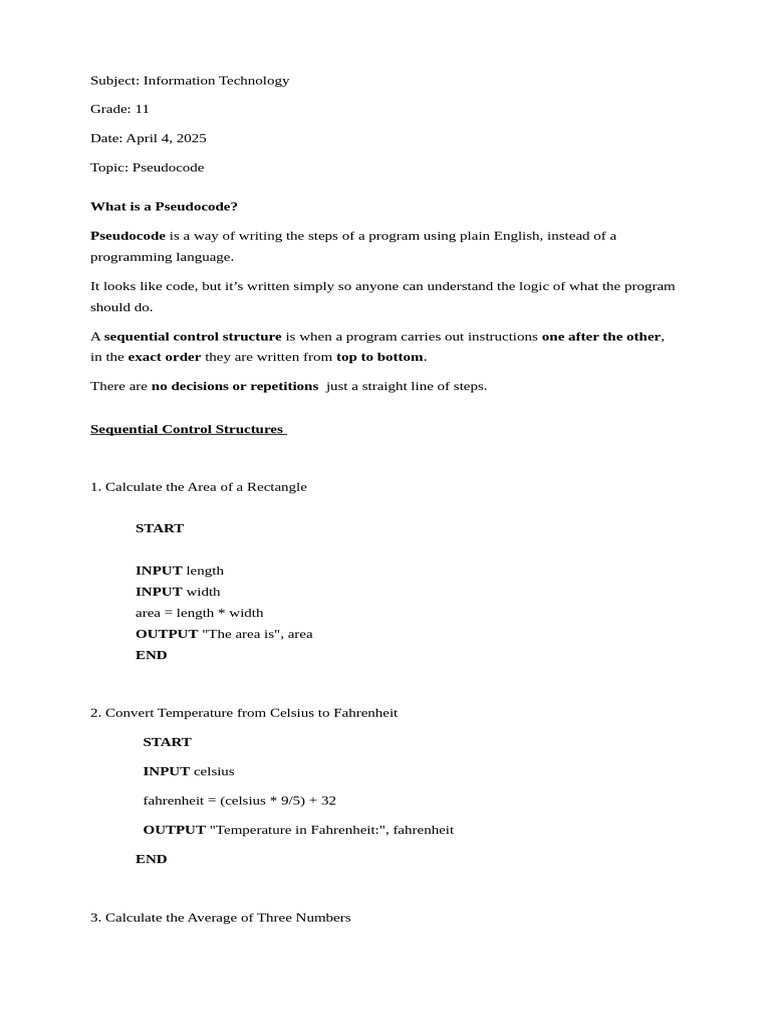 Pseudocode Sequential Examples | PDF