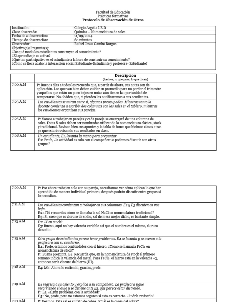 Formato Observacion | PDF | Maestros | Salón de clases