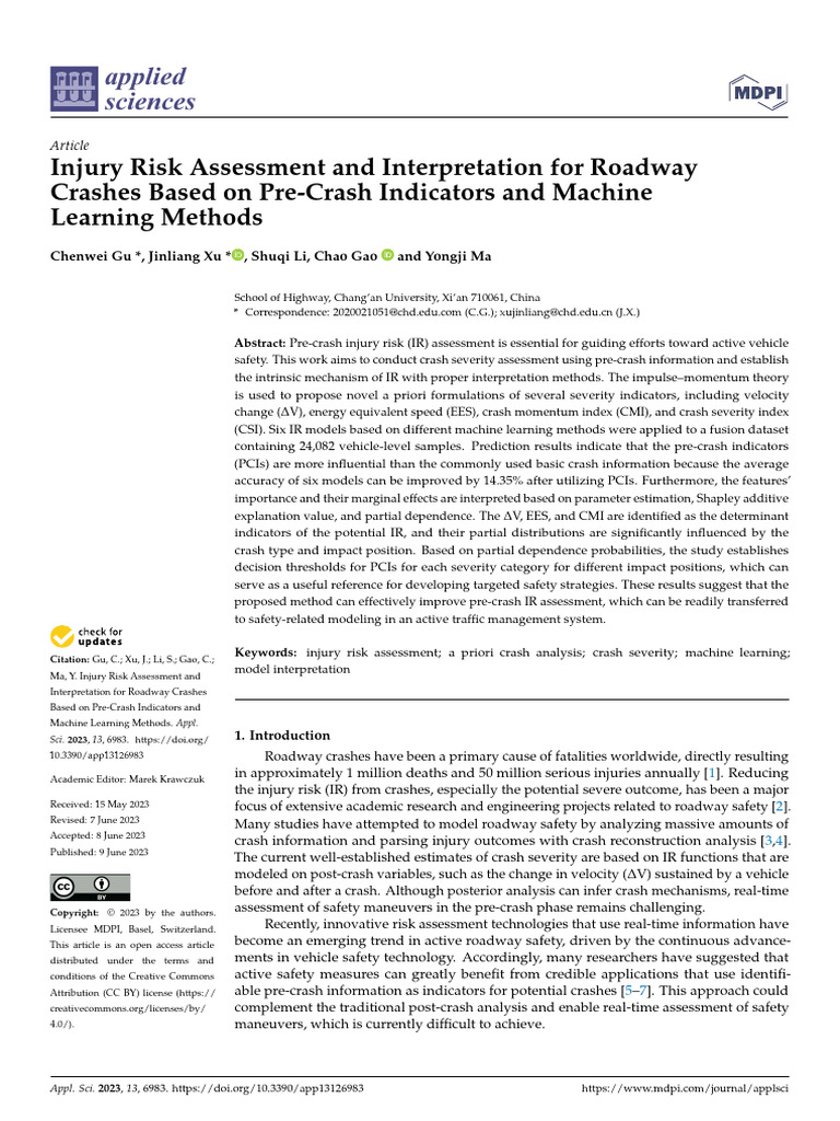 Injury Risk Assessment and Interpretation for Roadway Crashes Based on ...