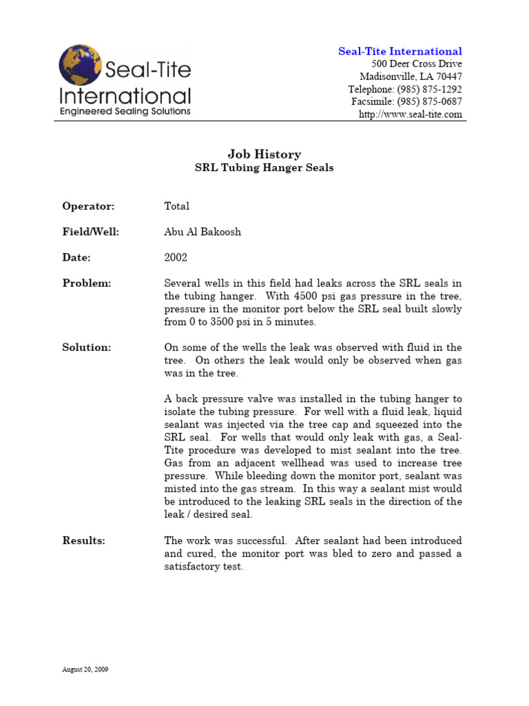 4-Job History Tubing Hanger SRL Seals Misting Gly-Flo & Other Total Abu Al Bakoosh Multiple ...