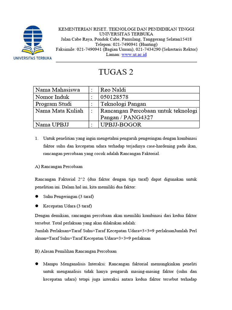 Tugas 2 Rancangan Percobaan Untuk Teknologi Pangan | PDF