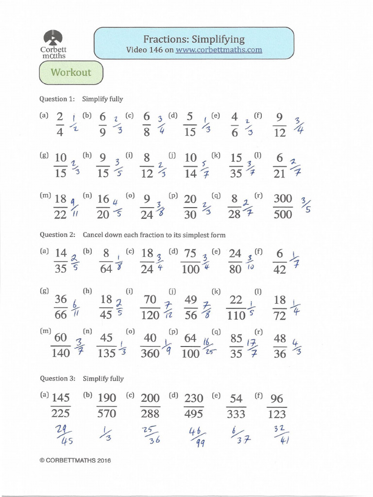 Simplifying Fractions - ANSWERS | PDF