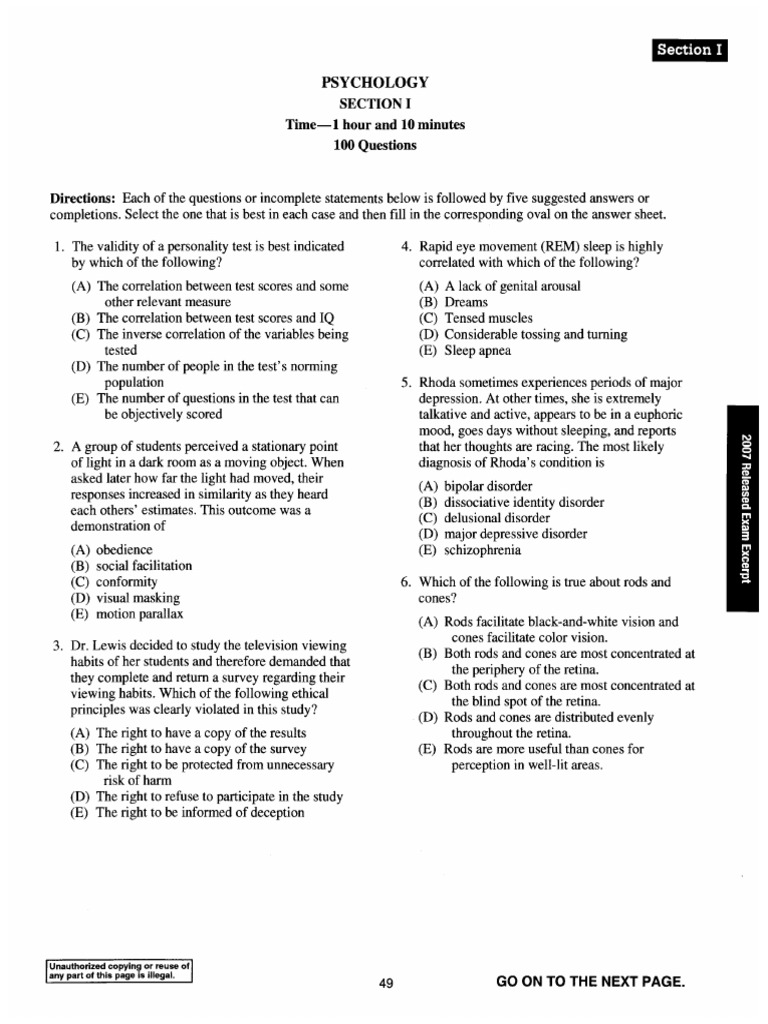 2007 Psych Practice Exam (Answers) | PDF