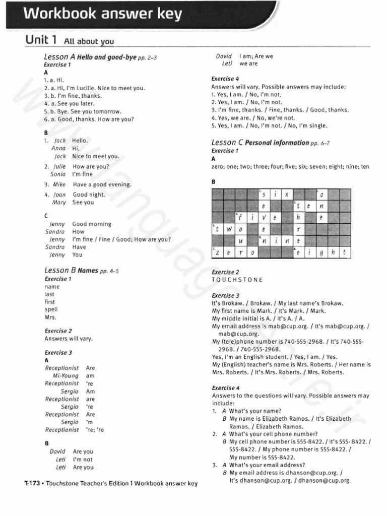 Touchstone 1 Workbook Answer Key - 2nd Edition | PDF
