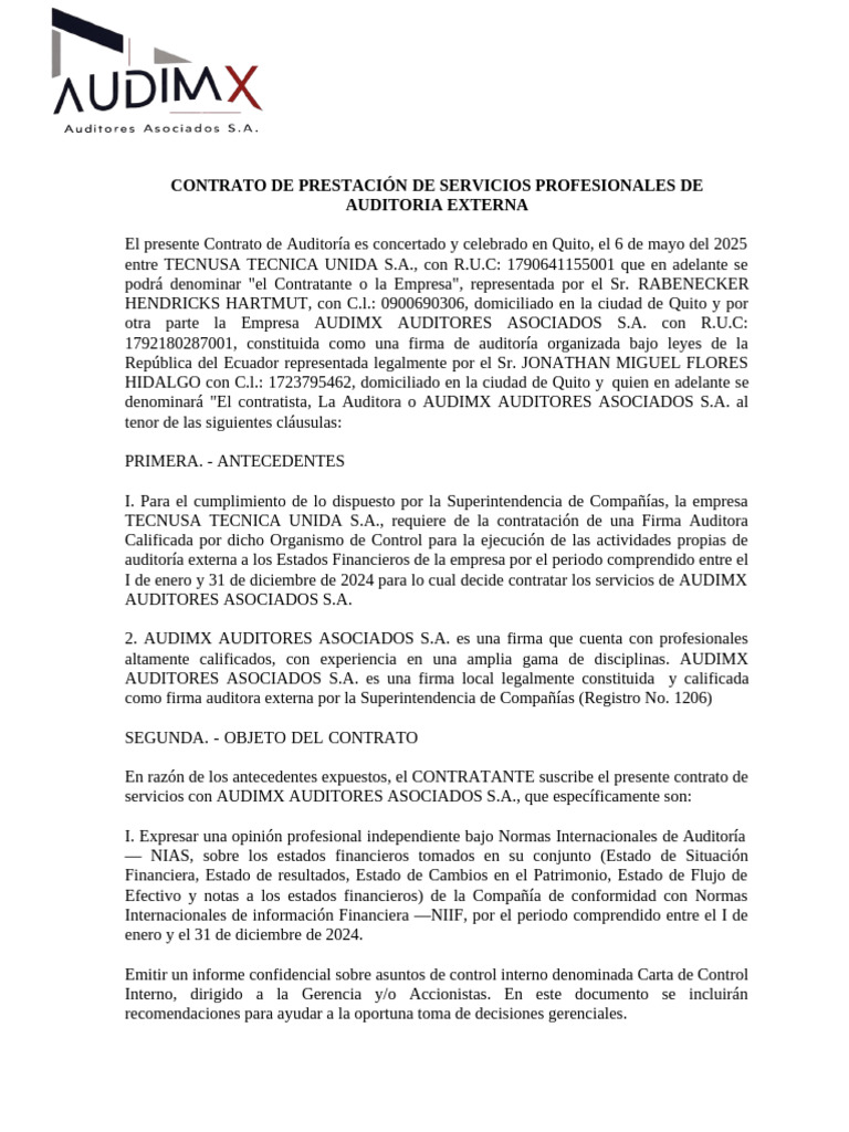 Contrato de Prestación de Servicios Profesionales de Auditoria Externa | PDF | Auditoría ...