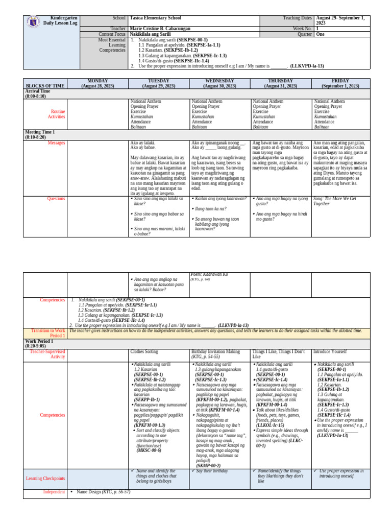 Kindergarten-DLL-MELC-Q1-Week-1-asf | PDF | Question | Weight