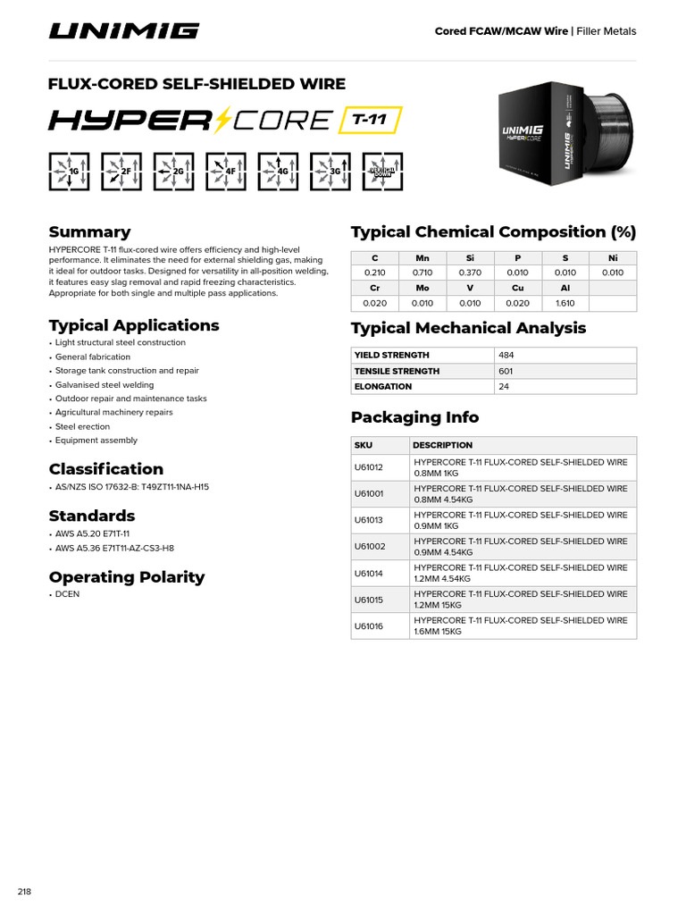 HYPERCORE T-11 Flux Cored Self Shielded Wire Info Sheet | PDF | Welding | Construction