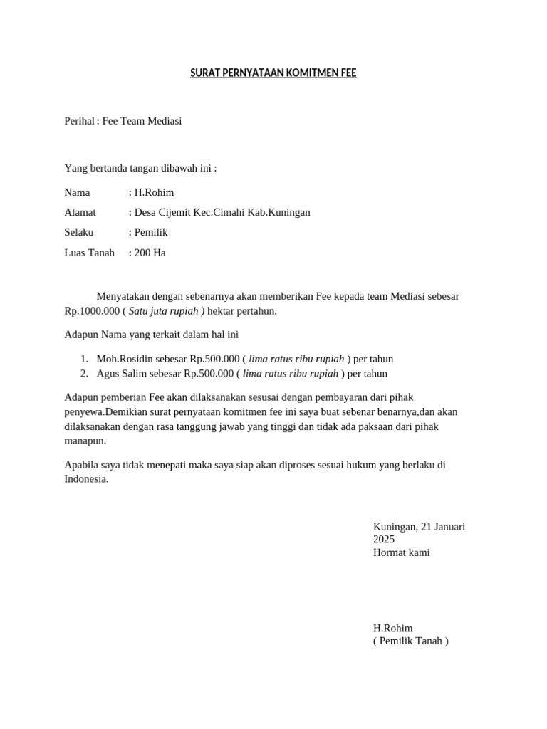 Surat Pernyataan Komitmen Fee | PDF