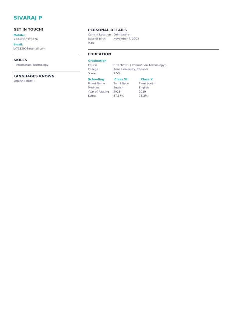 Sivaraj P: Get in Touch! Personal Details | PDF