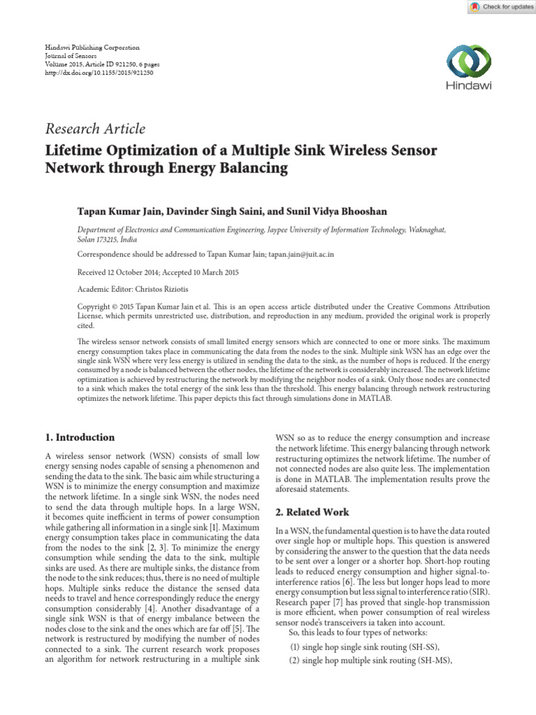Journal of Sensors - 2015 - Jain - Lifetime Optimization of a Multiple Sink Wireless Sensor ...