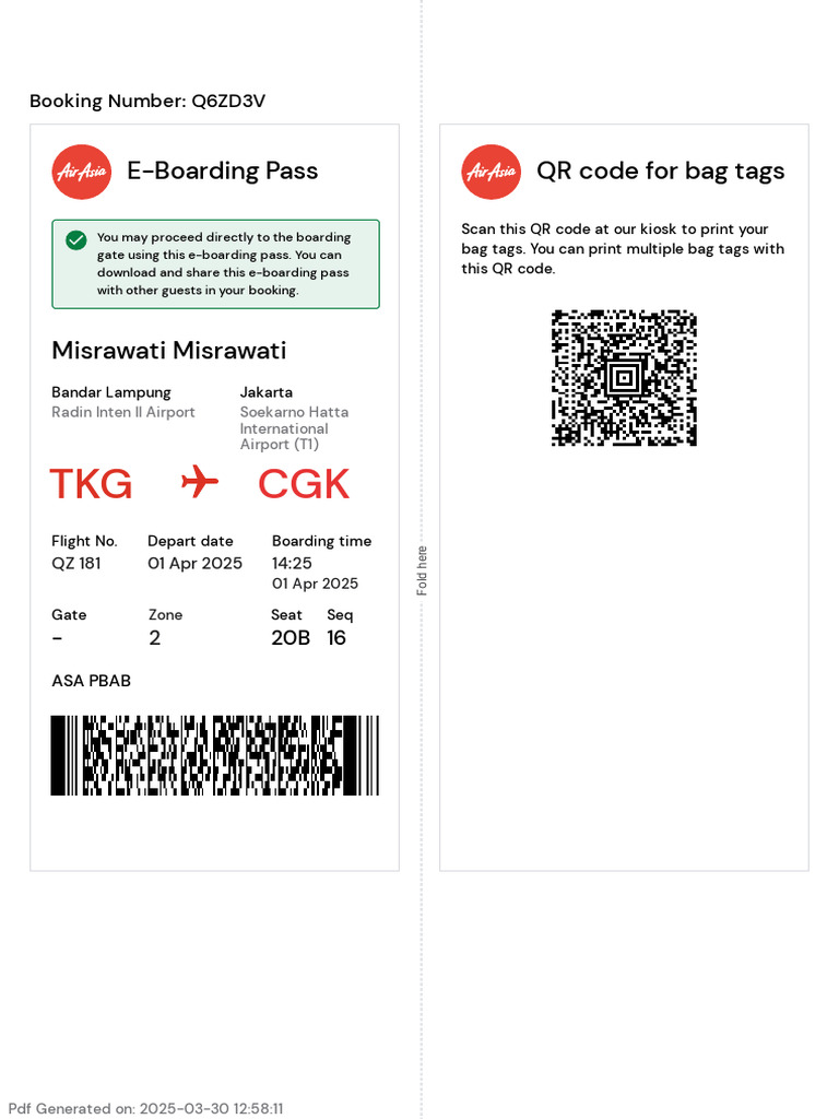E-Boarding Pass QR Code For Bag Tags: Booking Number: Q6ZD3V | PDF