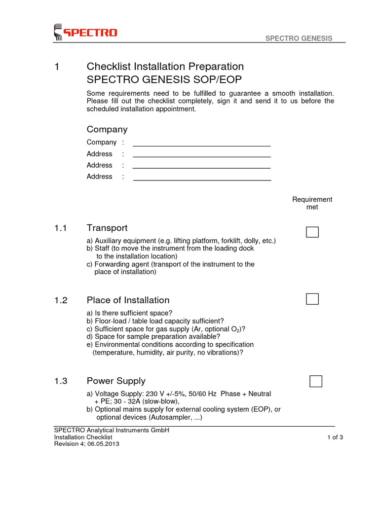 spectro genesis pre-installation checklist | PDF | Mains Electricity ...