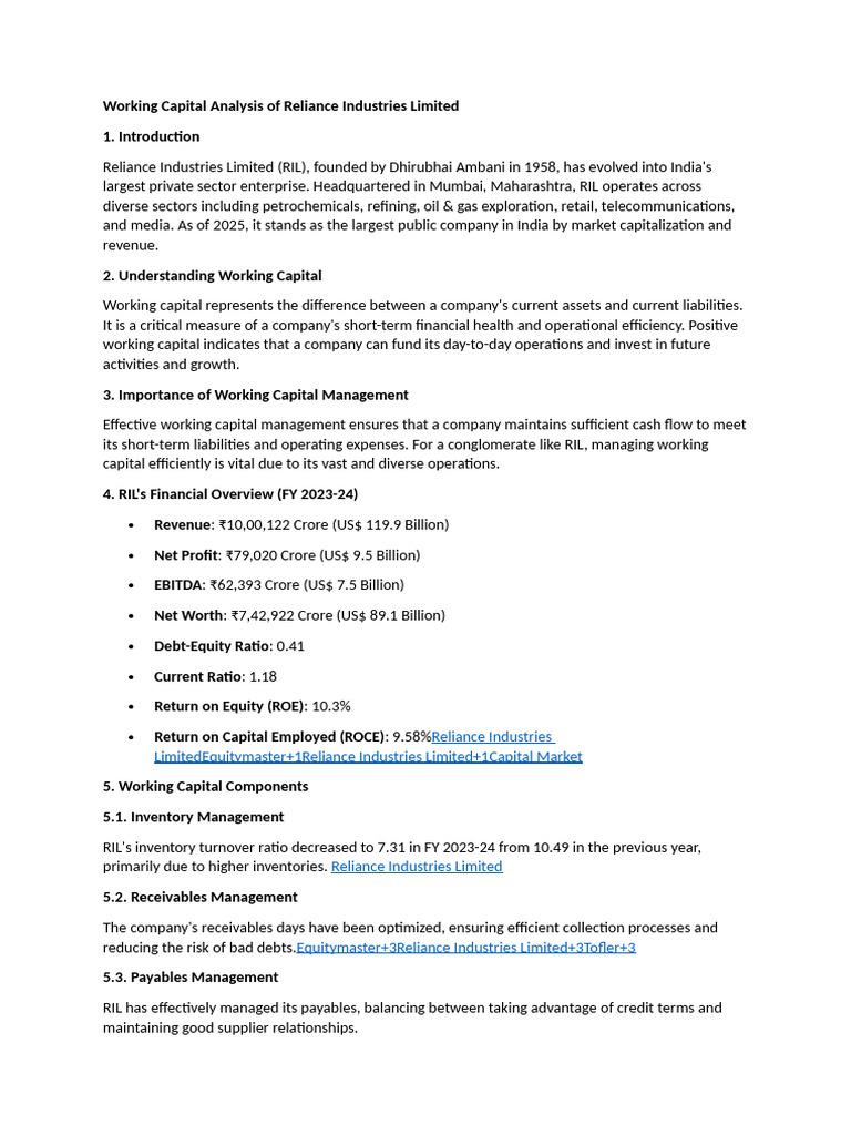 Working Capital Analysis of Reliance Industries Limited | PDF | Working Capital | Inventory