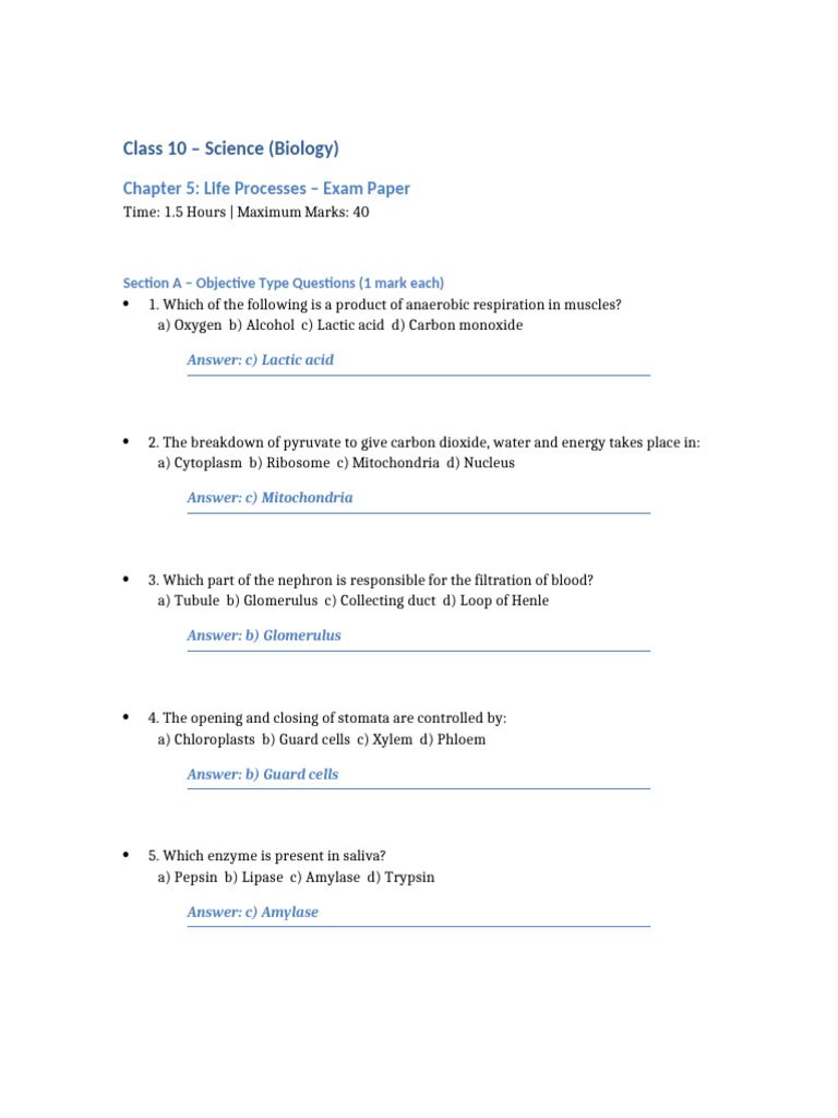 Class 10 Biology Life Processes Exam Paper | PDF | Digestion | Small ...