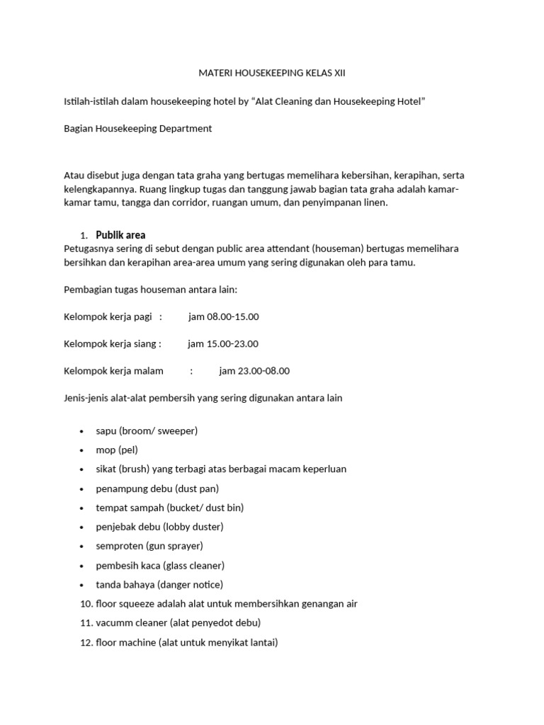 Materi Housekeeping Kelas Xii | PDF