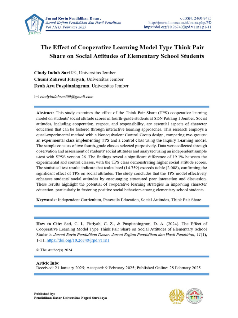 View of The Effect of Cooperative Learning Model Type Think Pair Share On Social Attitudes of ...