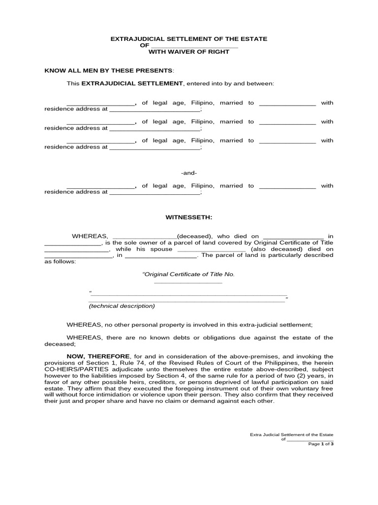 Extrajudicial Settlement Template | PDF | Civil Law (Legal System ...