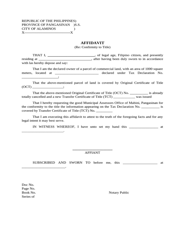 Affidavit Confirmity of Title | PDF | Affidavit | Evidence