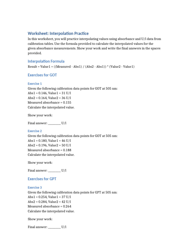 Interpolation Practice Worksheet | PDF