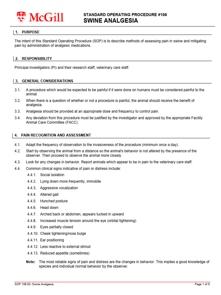 Swine Analgesia Standard Operating Procedure | PDF | Analgesic | Pain