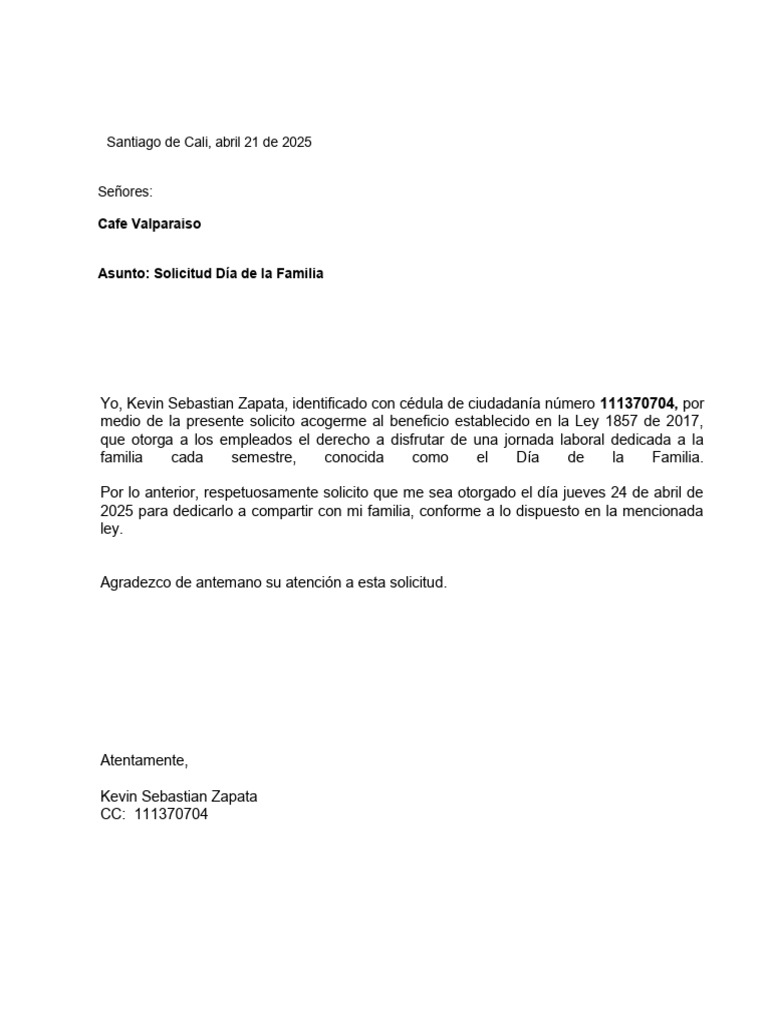 Carta Solicitud Dia Familia | PDF