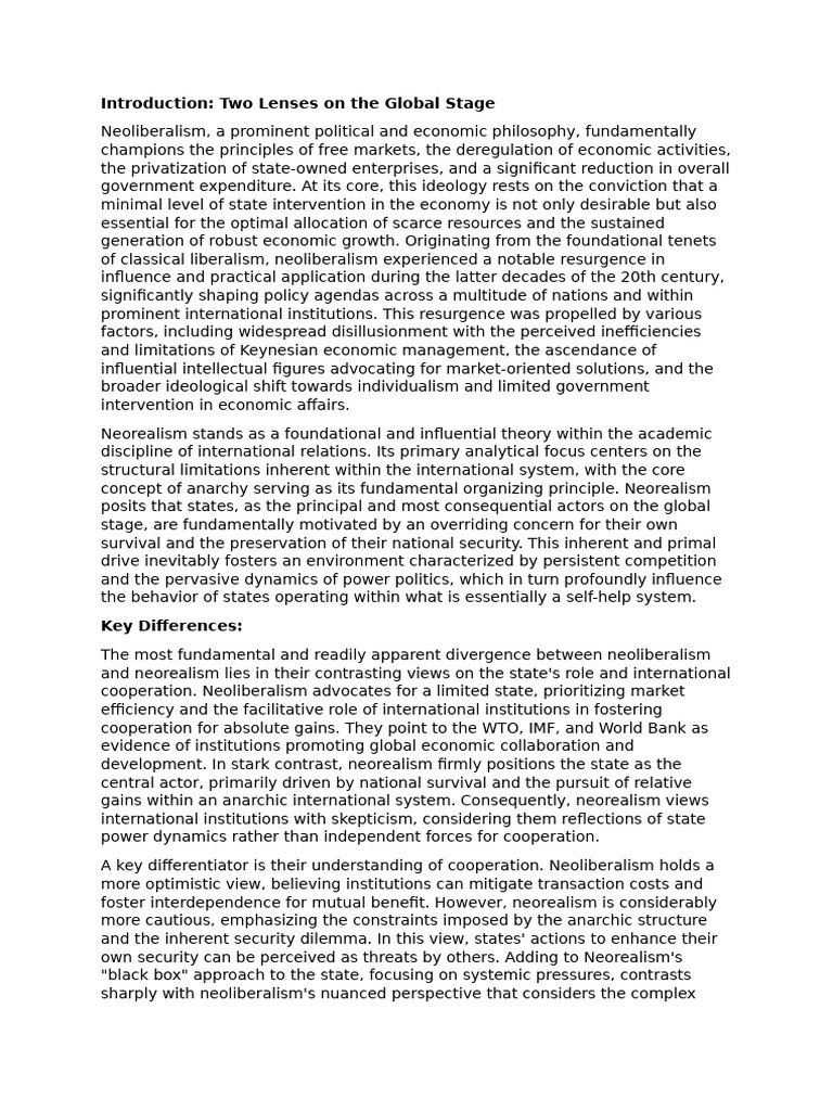 Neoliberalism vs. Neorealism in IR | PDF | Neoliberalism | Institution