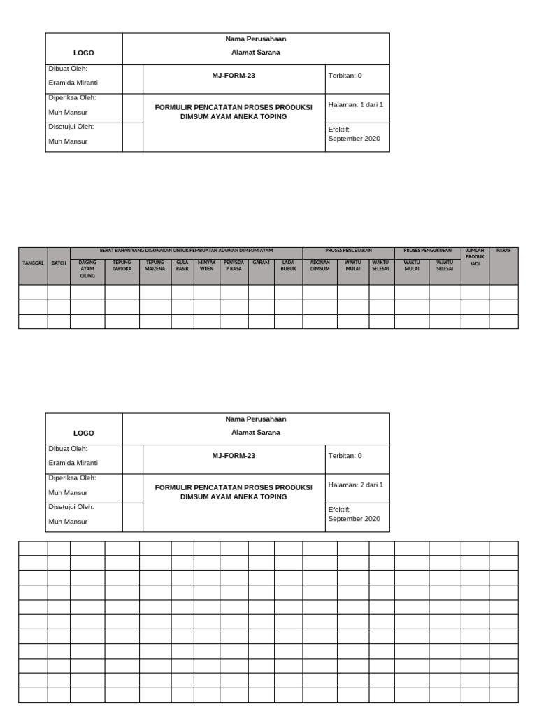 FORM-14-Formulir Pencatatan Proses Produksi | PDF