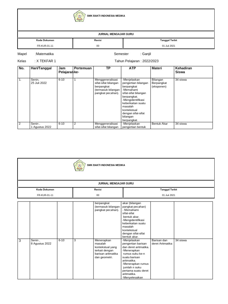 JADWAL MENGAJAR GURU MTK (X Tekfar 1) | PDF