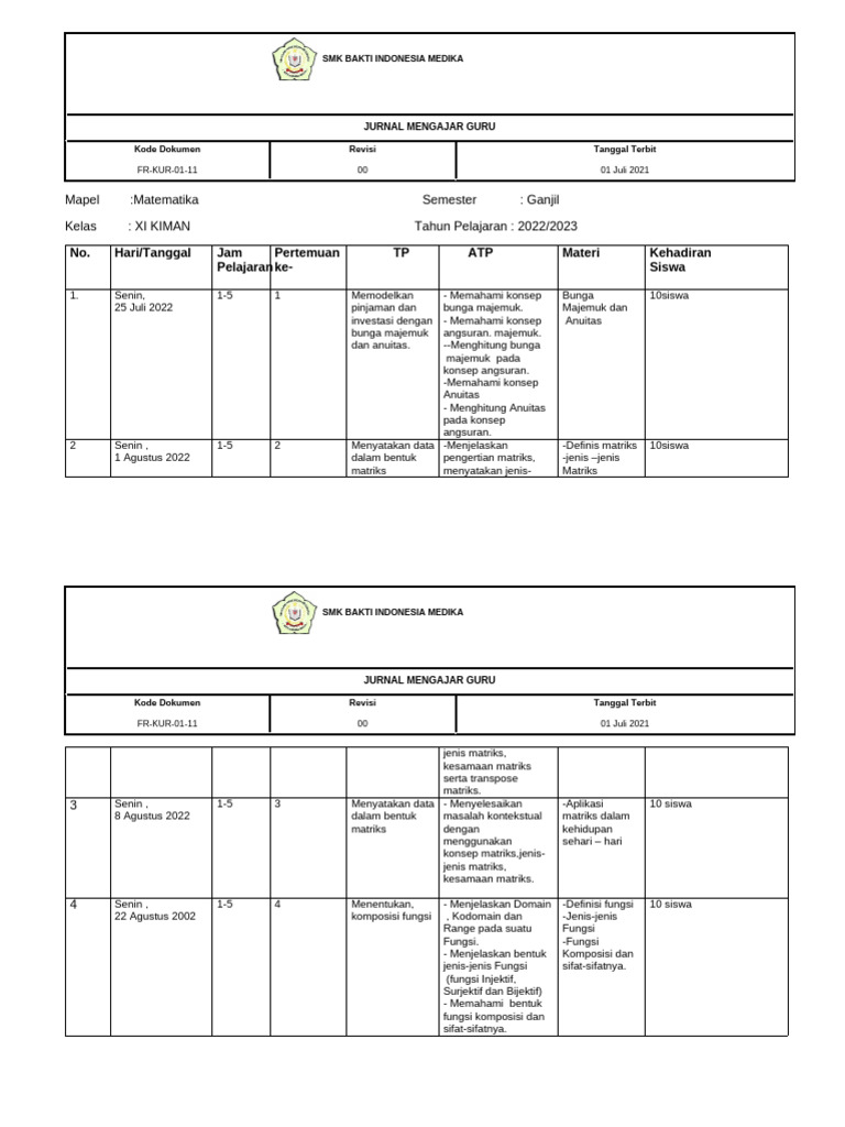 JADWAL MENGAJAR GURU MTK (XI Kiman) | PDF