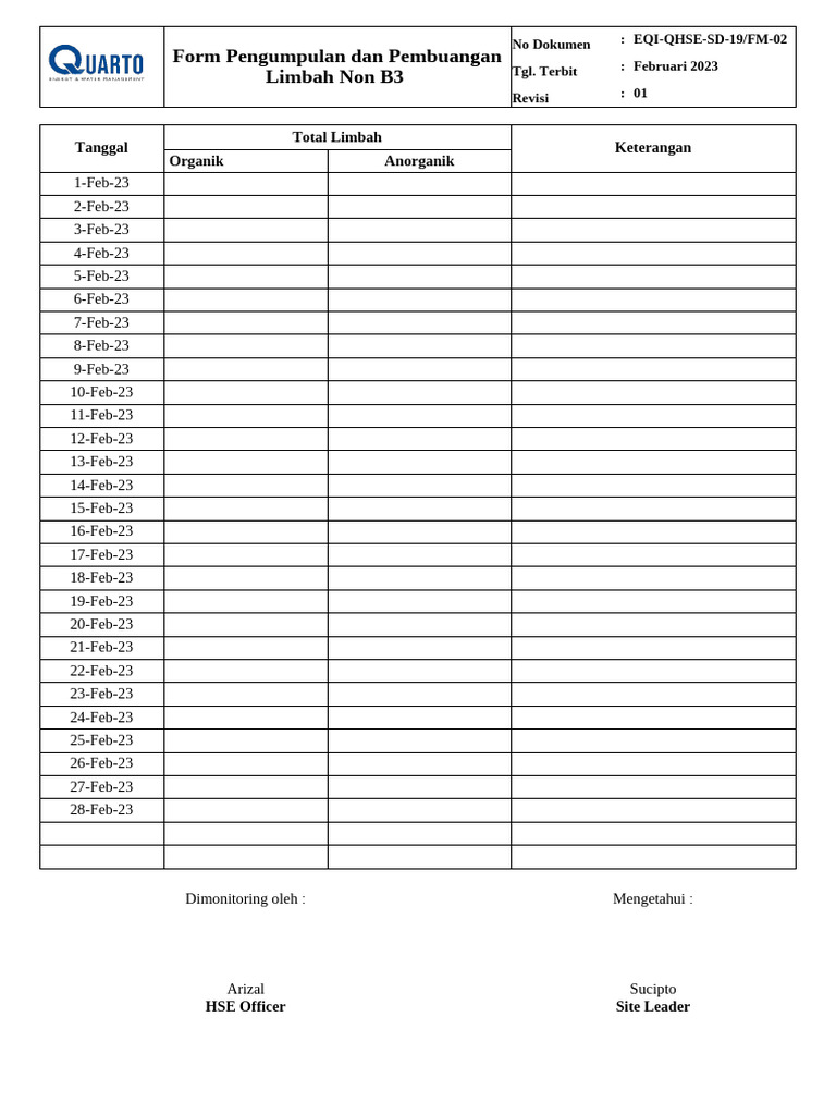 Form Pengumpulan Dan Pembuangan Limbah Non B3 | PDF