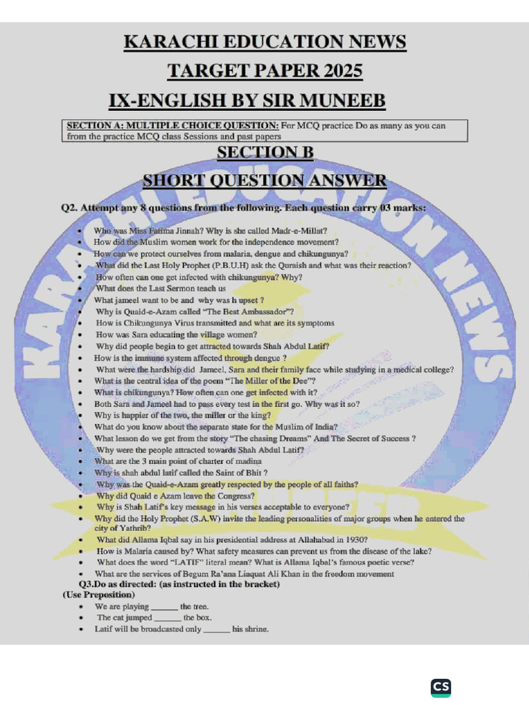 Ix English Sir Muneeb Target Paper 2025 | PDF