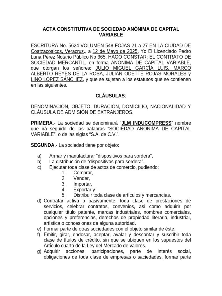 Acta Constitutiva de Sociedad Anonima Decapital Variable Final | PDF | Sociedad de ...