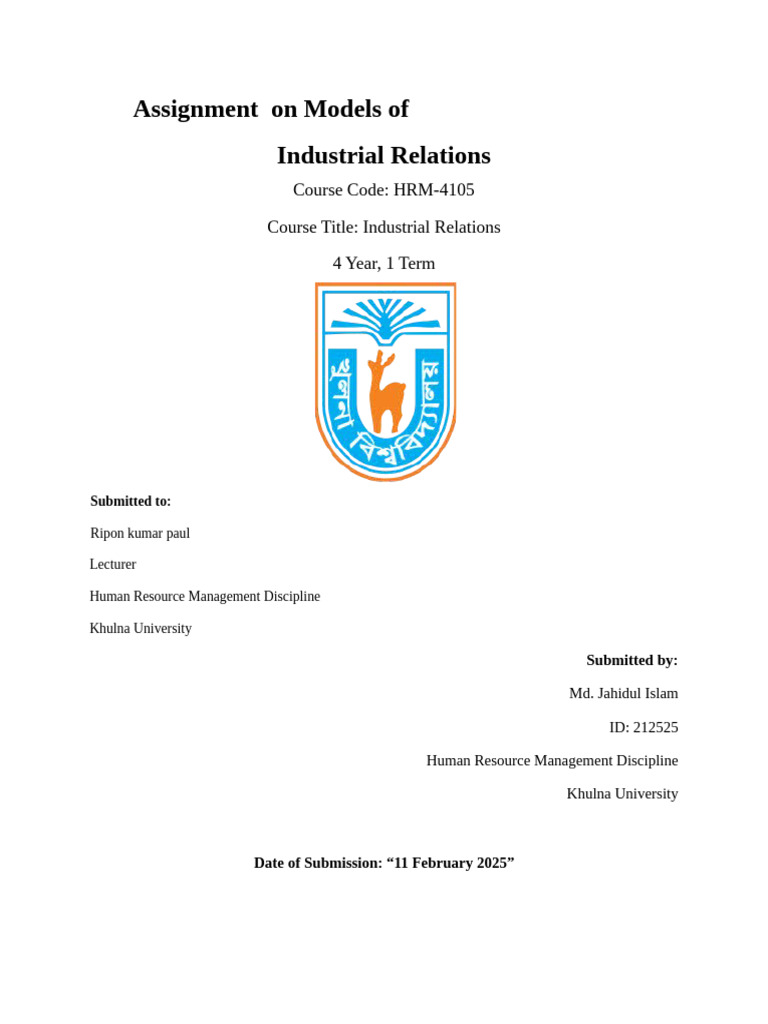 Assignment On Models of Industrial Relations: Course Code: HRM-4105 ...