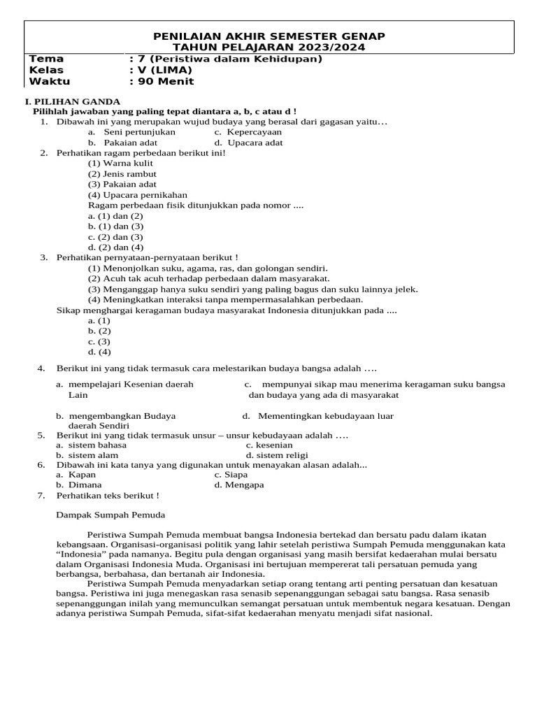 REVISI SOAL PAS TEMA 7 Kelas 5 SMT 2 2024 | PDF