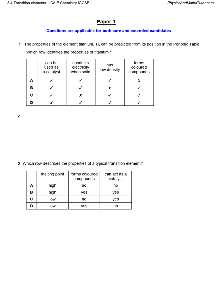 8.4 Transition Elements MCQ QP | PDF | Transition Metals | Titanium