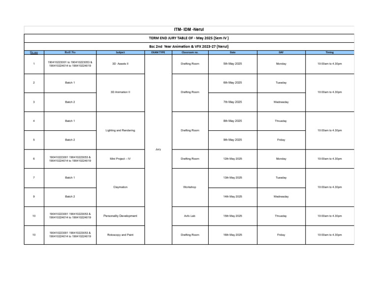 Jury Exam Timetable - May 2025 - SEM IV - AVFX | PDF