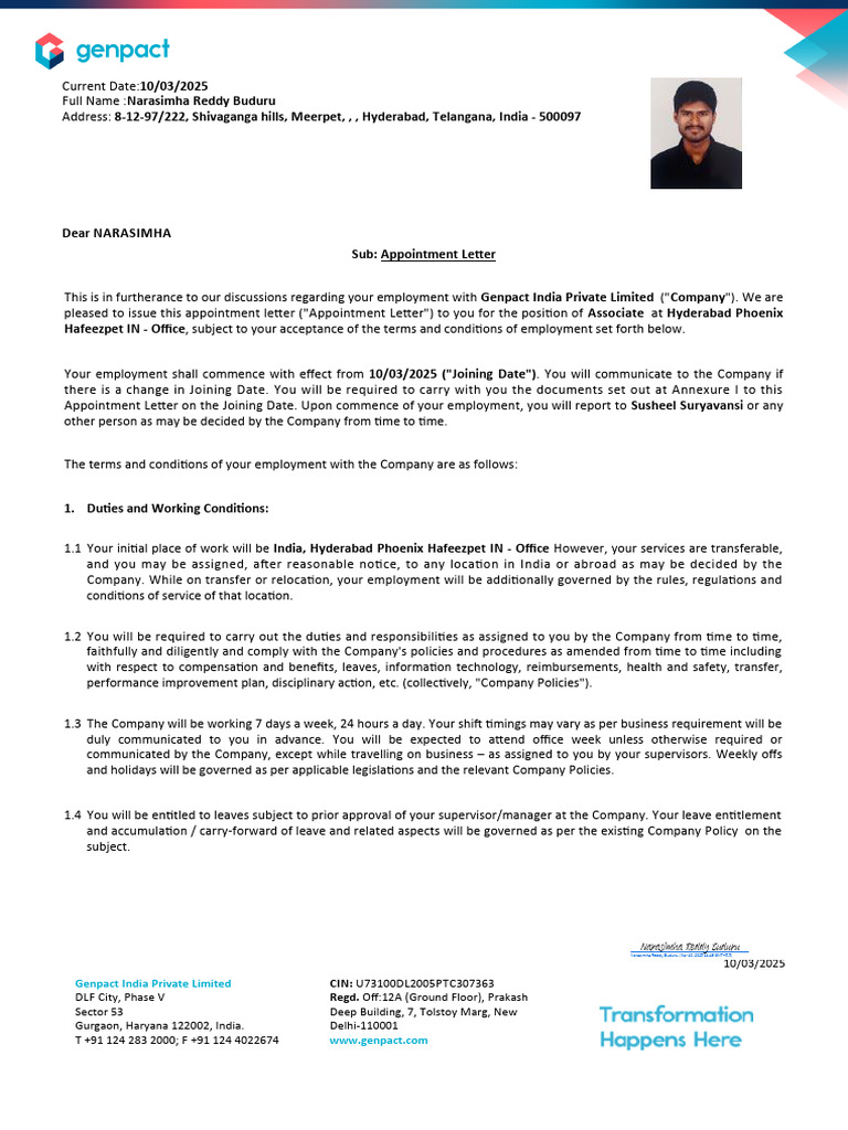 Genpact Appointment Letter for Associate | PDF | Life Insurance | Insurance