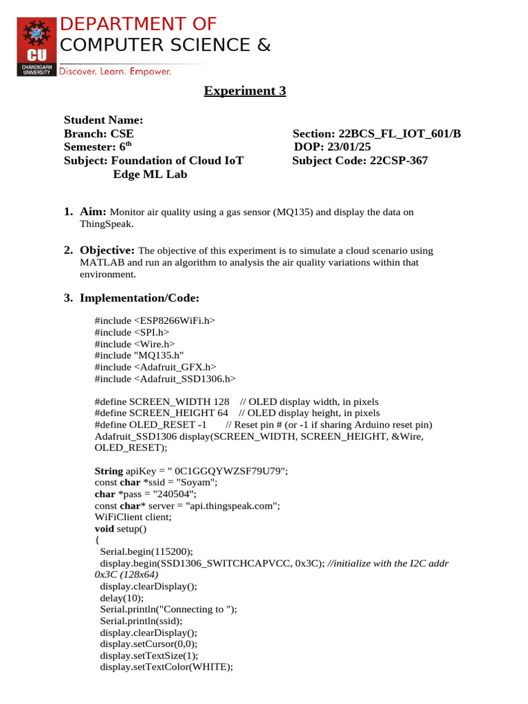 Foundation of Cloud Iot and Edge ML Exp3 | PDF | Environmental Monitoring | Internet Of Things